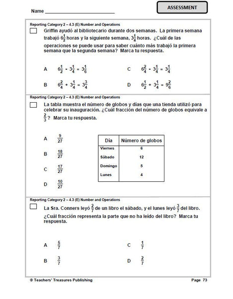 4th Grade STAAR Math Test Prep Spanish Version - TeachersTreasures.com ...